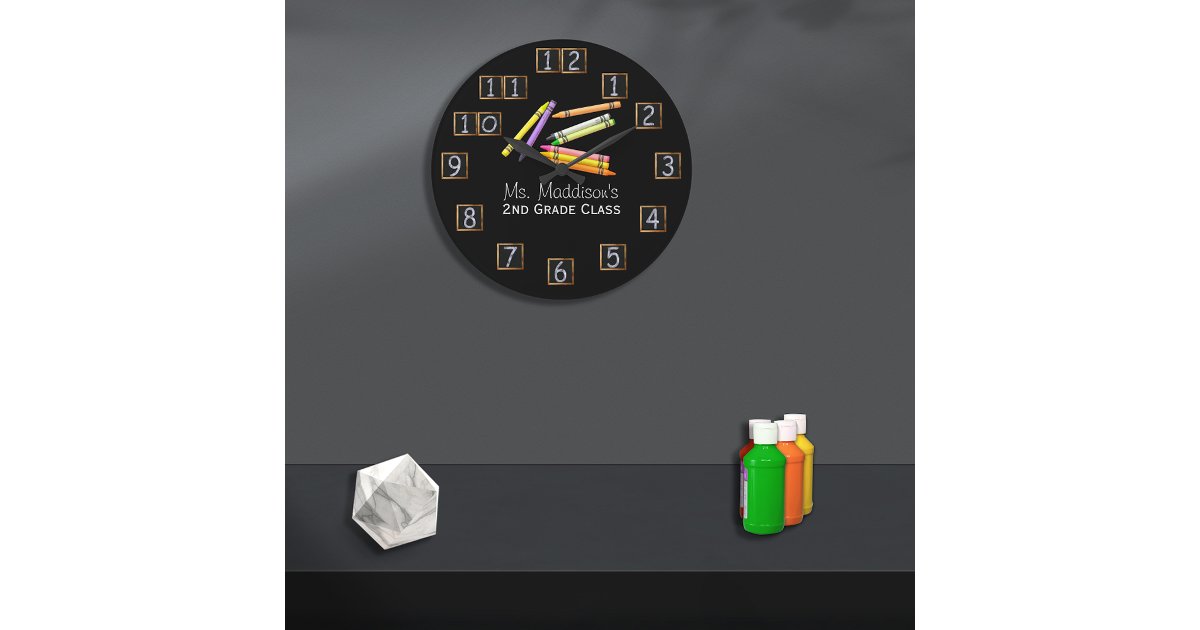Retro Teacher Crayons Chalkboard Number Large Clock | Zazzle