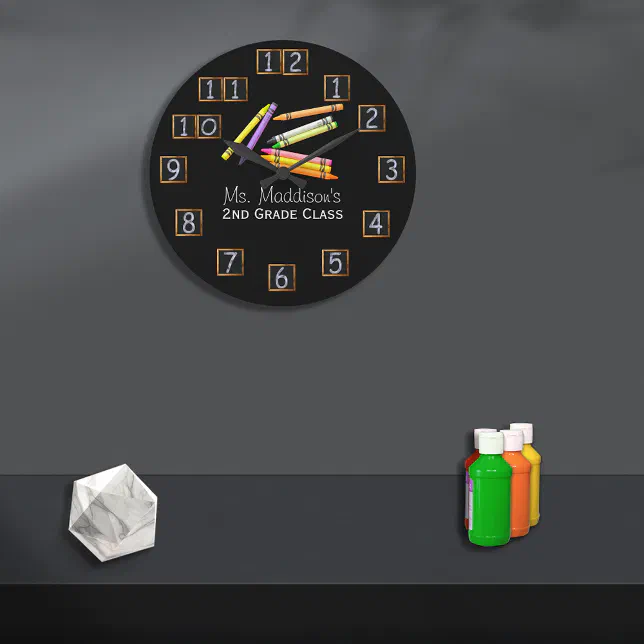 Retro Teacher Crayons Chalkboard Number Large Clock | Zazzle