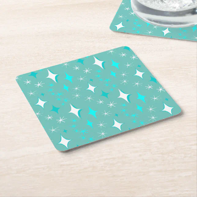 Retro Teal and White Star Pattern Square Paper Coaster | Zazzle