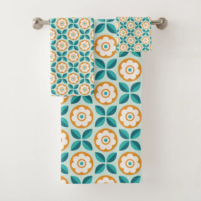 Retro Teal Aqua Orange Floral Geometric Pattern Bath Towel Set | Zazzle