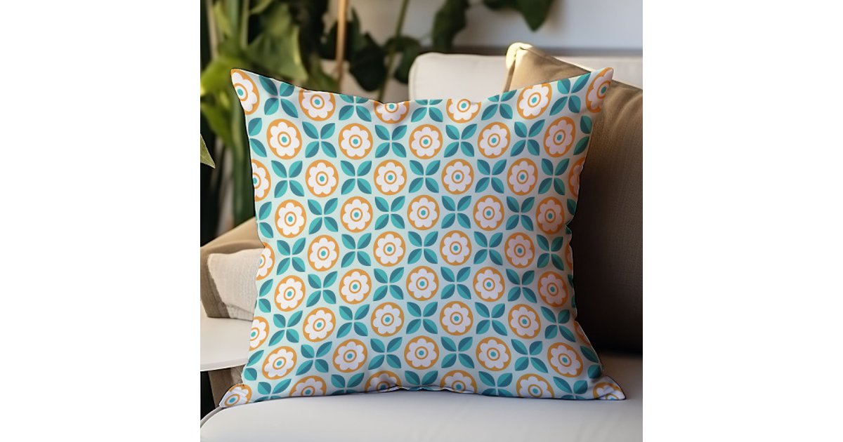 Retro Teal Aqua Orange Floral Geometric Pattern Throw Pillow | Zazzle