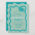 Retro teal curve squiggle wavy graduation invitation | Zazzle