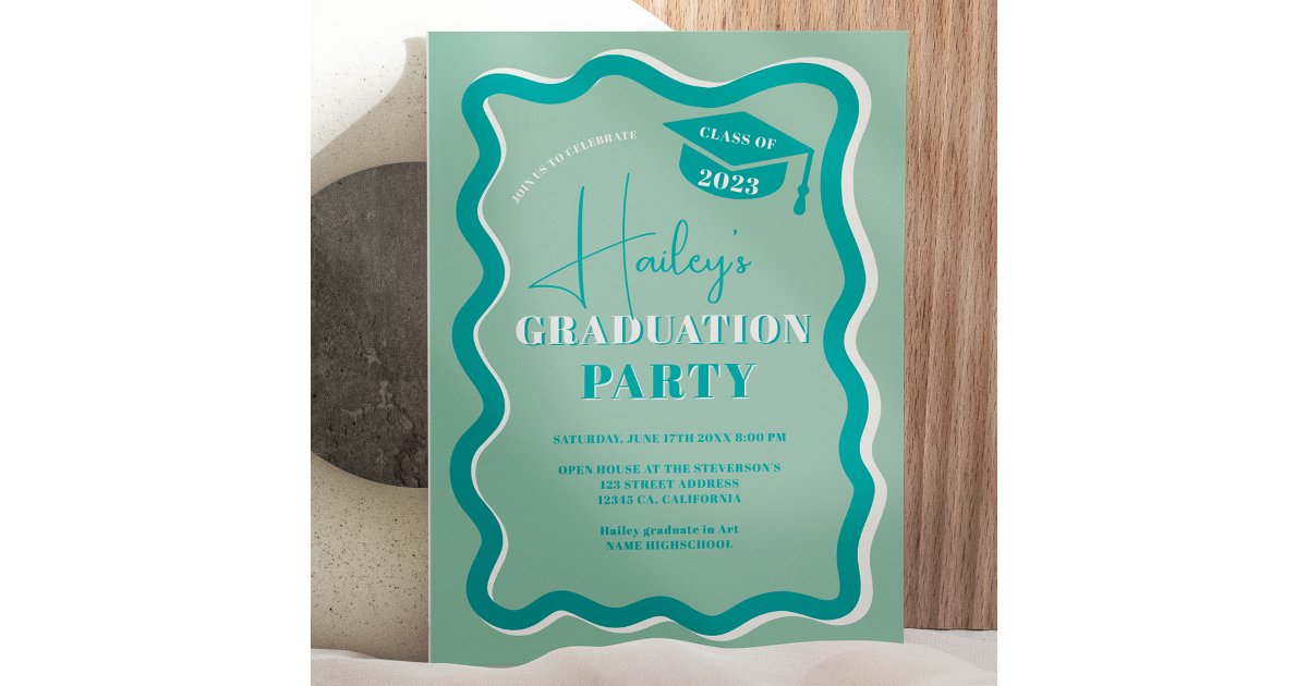 Retro teal curve squiggle wavy graduation invitation | Zazzle