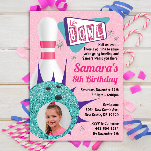 Retro Tenpin Bowling Party in Pink & Teal Photo Invitation | Zazzle