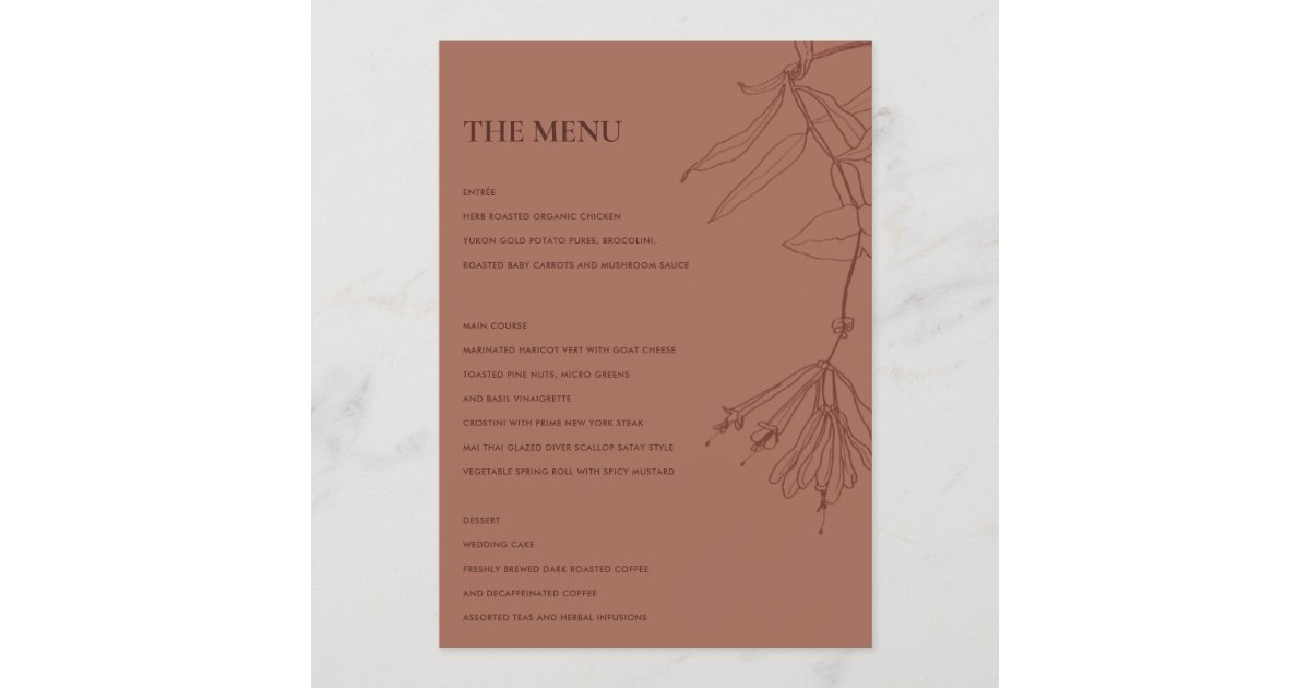 RETRO TERRACOTTA RED LINE DRAWING FLORAL MENU | Zazzle