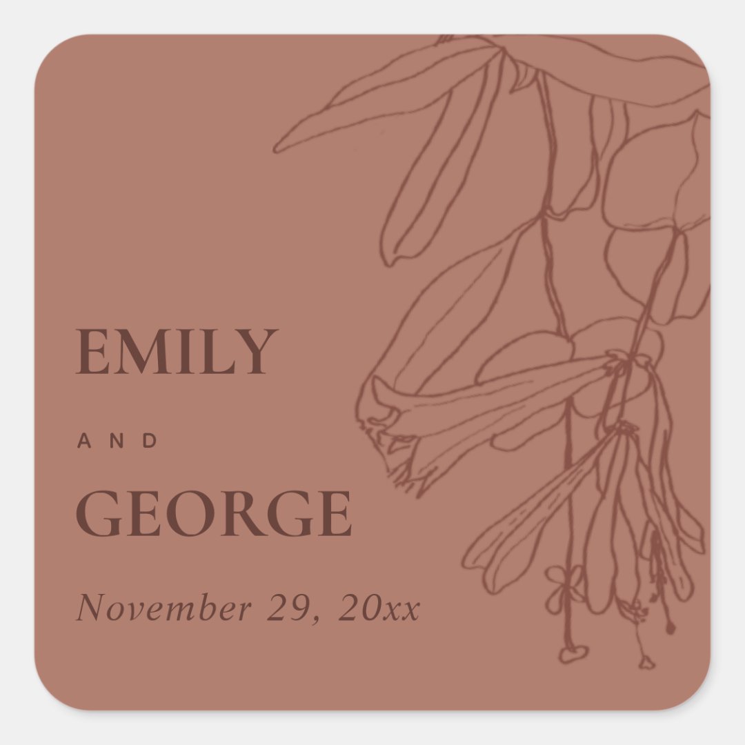 RETRO TERRACOTTA RUST LINE DRAWING FLORAL WEDDING SQUARE STICKER | Zazzle