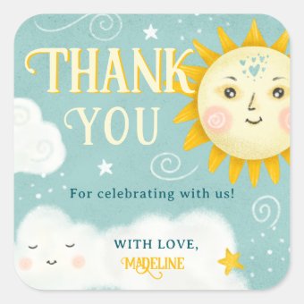 Retro Thank you Sun and Clouds baby shower Square Sticker | Zazzle