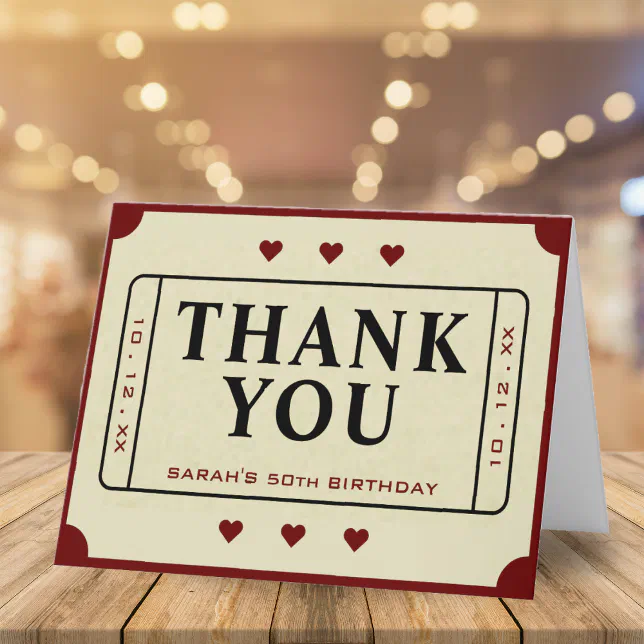 Retro Theater Movie Ticket Stub 50th Birthday Thank You Card | Zazzle