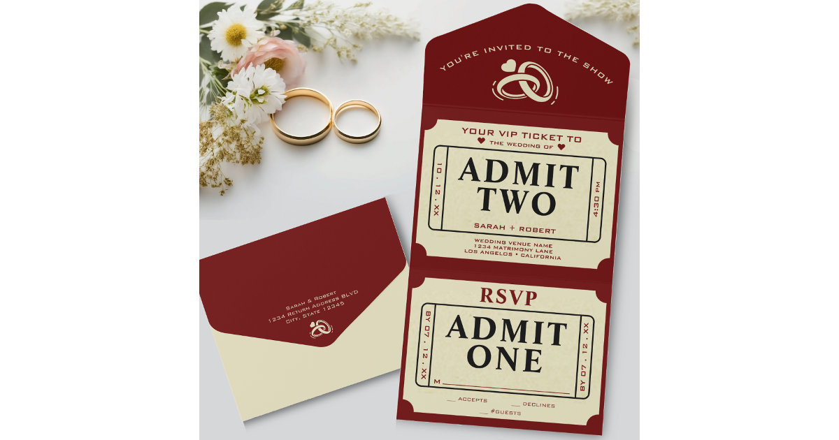 Retro Theater Movie Ticket Stub Admit Two Wedding All In One Invitation ...