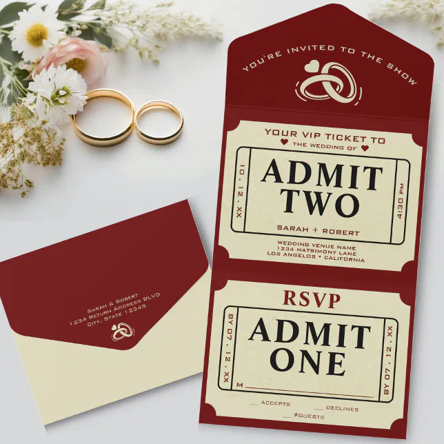 Retro Theater Movie Ticket Stub Admit Two Wedding All In One Invitation ...