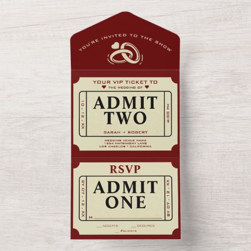Retro Theater Movie Ticket Stub Admit Two Wedding All In One Invitation ...