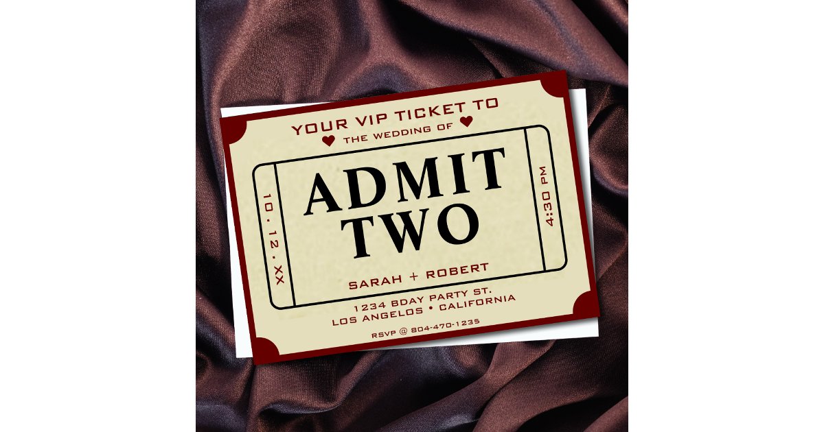 Retro Theater Movie Ticket Stub Admit Two Wedding Invitation | Zazzle