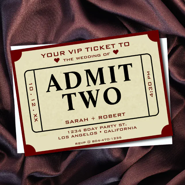 Retro Theater Movie Ticket Stub Admit Two Wedding Invitation | Zazzle