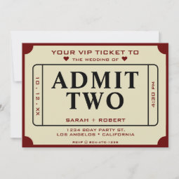 Retro Theater Movie Ticket Stub Admit Two Wedding Invitation | Zazzle