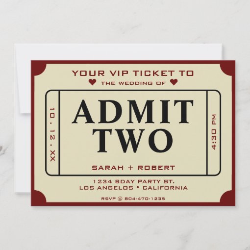 Retro Theater Movie Ticket Stub Admit Two Wedding Invitation | Zazzle