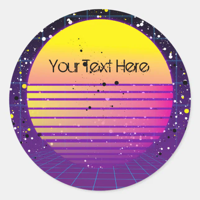 Retro Throwback to 80's Purple Yellow Sun Party Classic Round Sticker ...