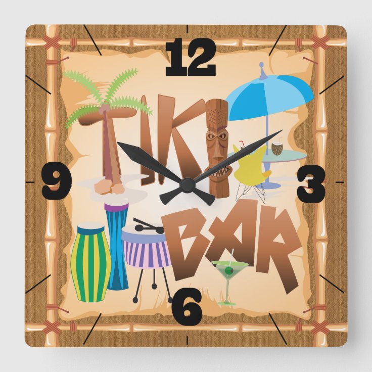 Retro Tiki Bar Square Wall Clock | Zazzle