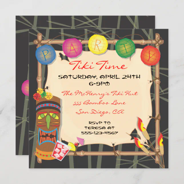 Retro Tiki party invitation with bamboo frame | Zazzle
