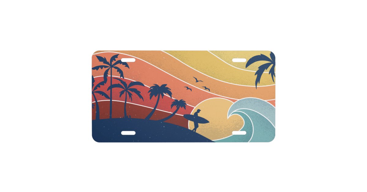 Retro Tropical Beach Surfing Surfer Palm Trees License Plate | Zazzle