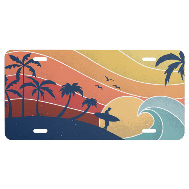 Retro Tropical Beach Surfing Surfer Palm Trees License Plate | Zazzle