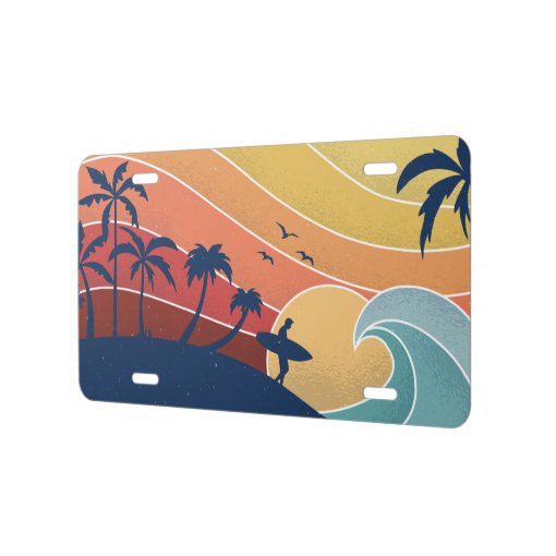 Retro Tropical Beach Surfing Surfer Palm Trees License Plate | Zazzle