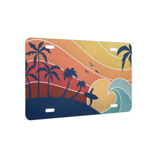 Retro Tropical Beach Surfing Surfer Palm Trees License Plate | Zazzle