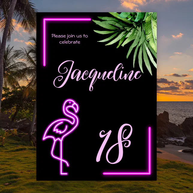 Retro tropical neon pink flamingo 18th birthday invitation | Zazzle