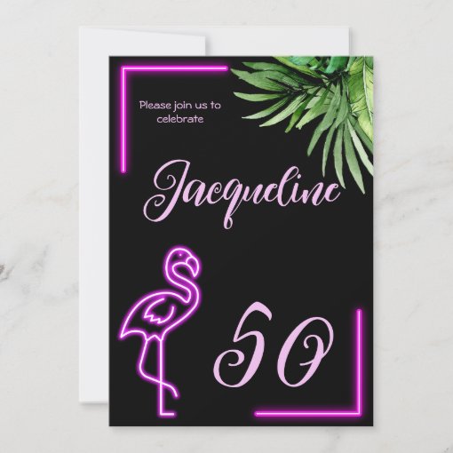 Retro tropical neon pink flamingo 50th birthday invitation | Zazzle