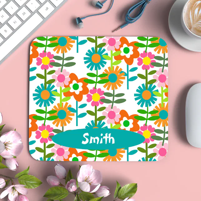 Retro Turquoise And Orange Flowers Mouse Pad | Zazzle