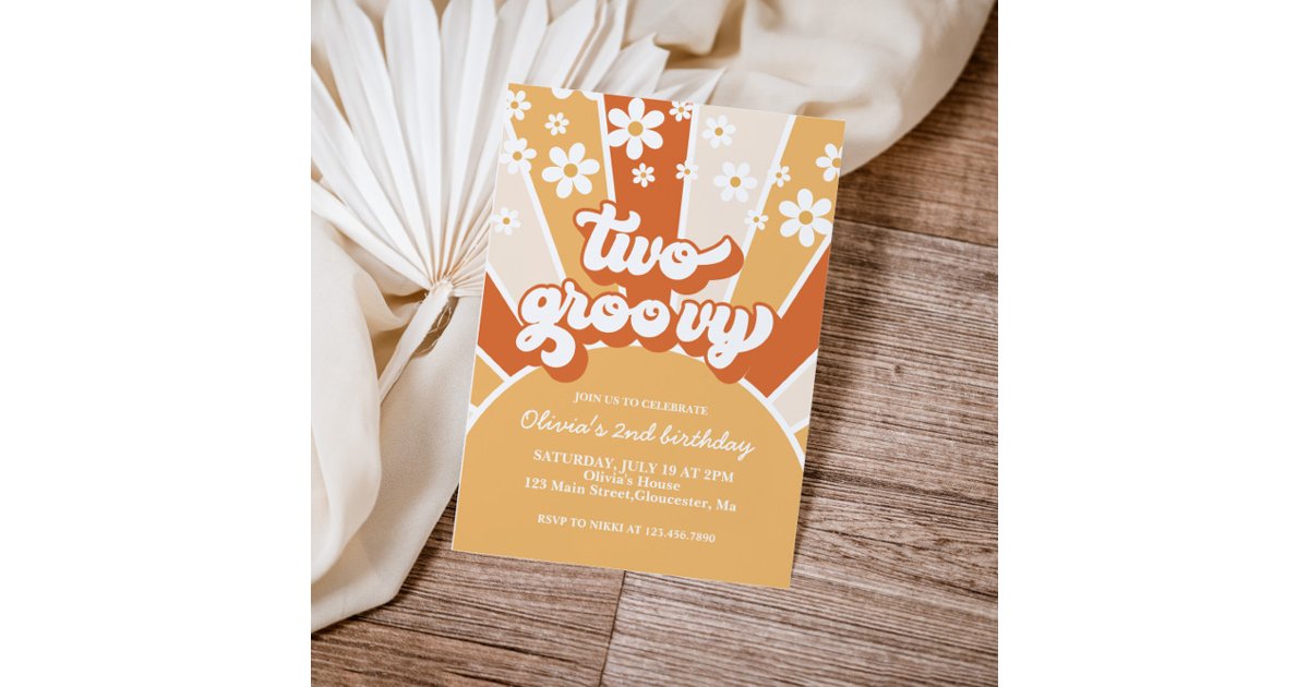 Retro Two Groovy Sunshine daisy boho floral Invita Invitation | Zazzle
