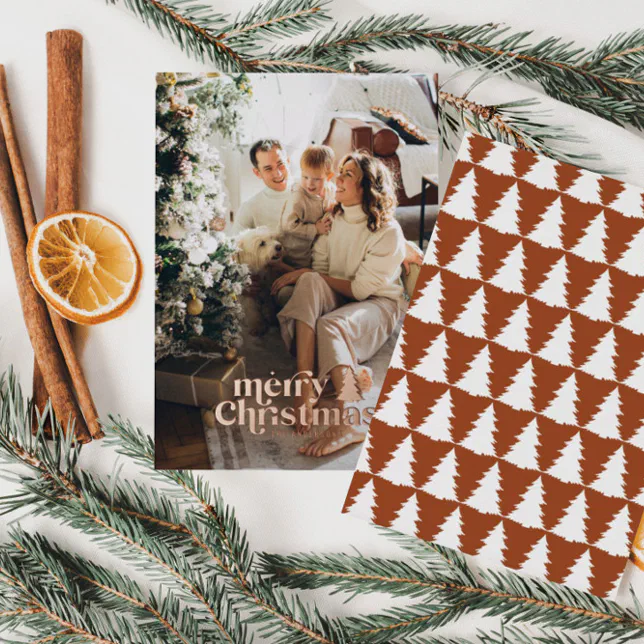Retro typography modern full photo foil holiday card | Zazzle
