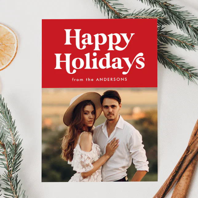 Retro Typography Red Happy Holidays Photo Holiday Card | Zazzle