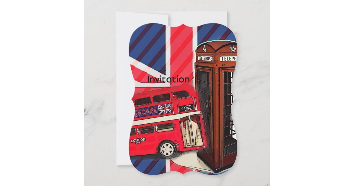 Retro Union Jack London Bus red telephone booth Invitation | Zazzle