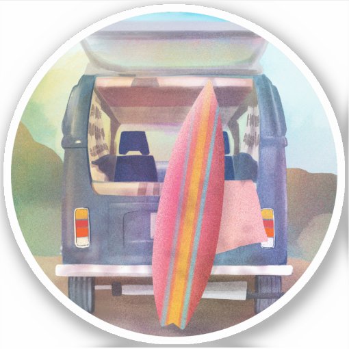 Retro Van Surfboard Beach California Vibes Sticker | Zazzle