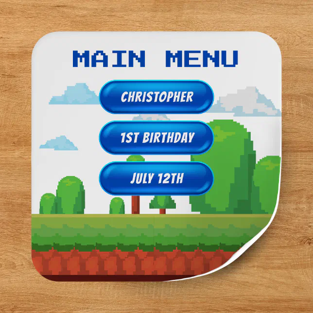 Retro Video Game Menu 1st Birthday Party Square Sticker | Zazzle