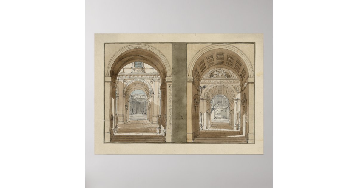 Retro Vintage Architectural Drawing Archways Poster | Zazzle