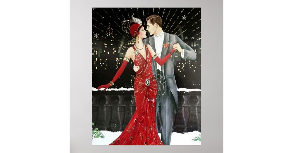 Retro vintage art deco Christmas couple Poster | Zazzle