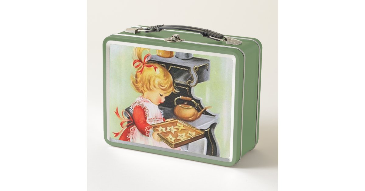 retro vintage baking girl Holiday Christmas Metal Lunch Box | Zazzle