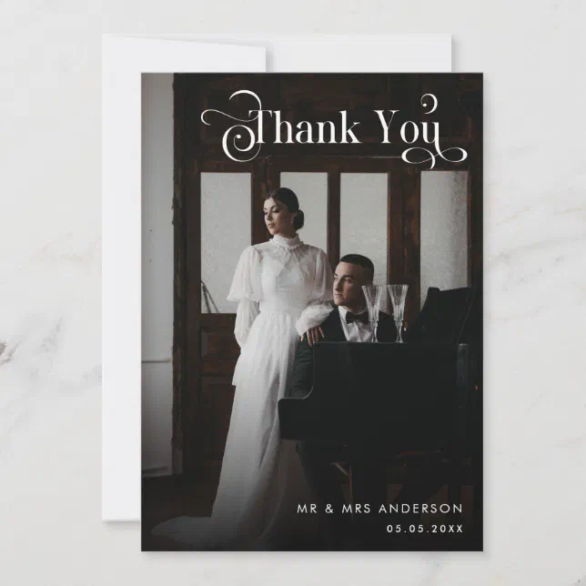 Retro Vintage Boho Script Photo Black Wedding Thank You Card | Zazzle