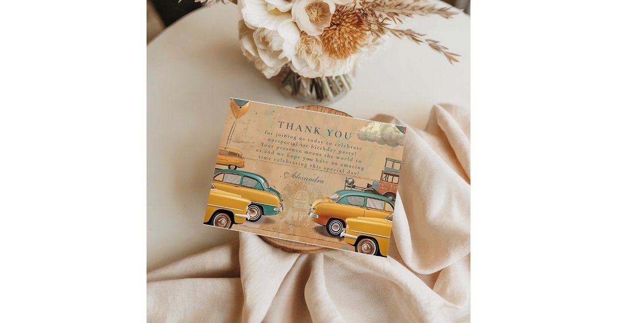 Retro Vintage Car Two Fast Birthday Thank You Card | Zazzle