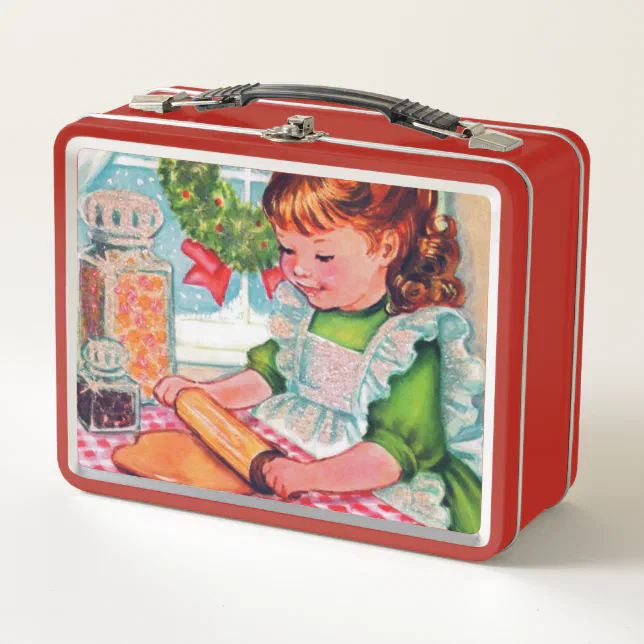 Retro vintage Christmas baking girl Metal Lunch Box | Zazzle
