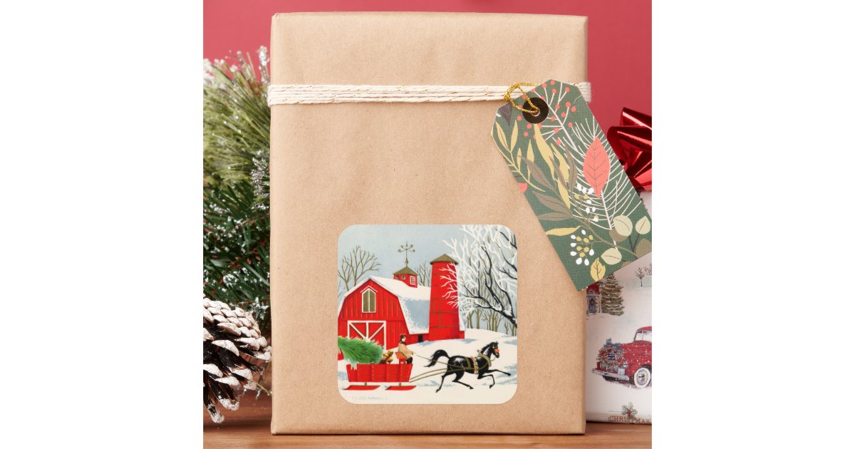 retro vintage Christmas farm Square Sticker | Zazzle
