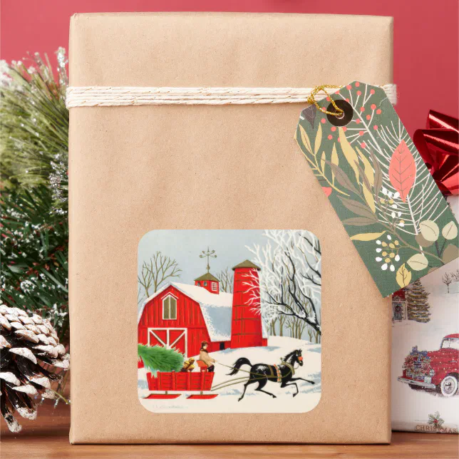 retro vintage Christmas farm Square Sticker | Zazzle