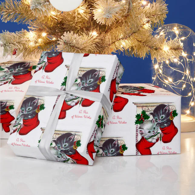 Retro vintage Christmas party cat wrap Wrapping Paper | Zazzle
