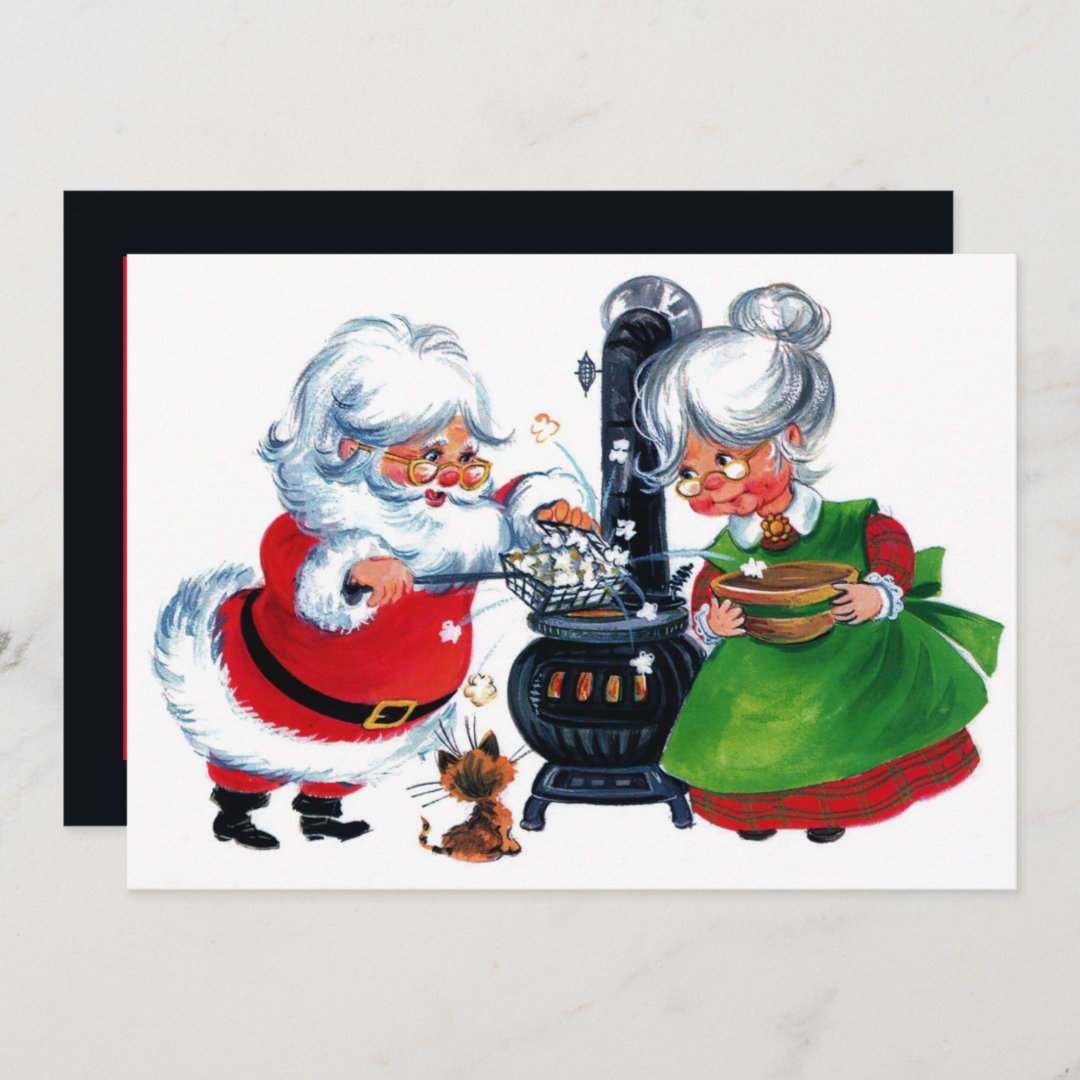 retro vintage Christmas Santa Mrs. Claus Holiday Card | Zazzle