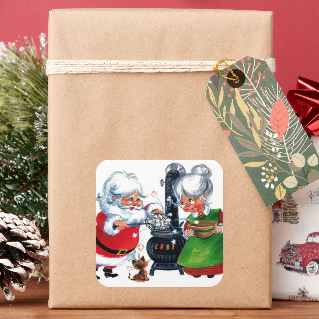 retro vintage Christmas Santa Mrs. Claus Square Sticker | Zazzle
