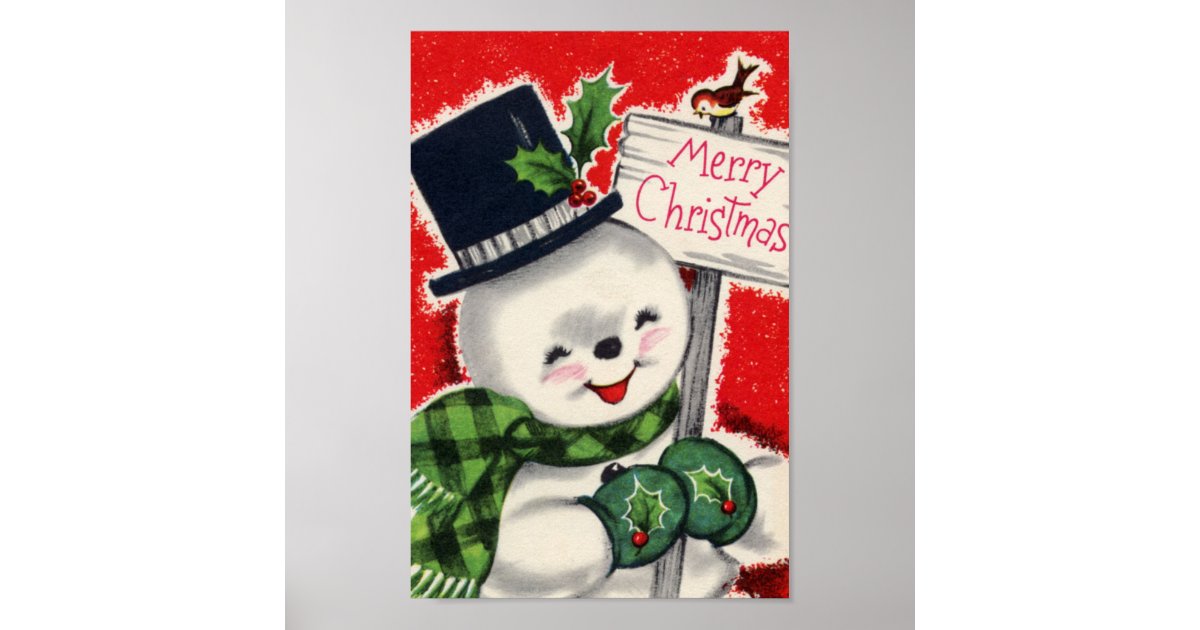 Retro vintage Christmas snowman Holiday poster | Zazzle