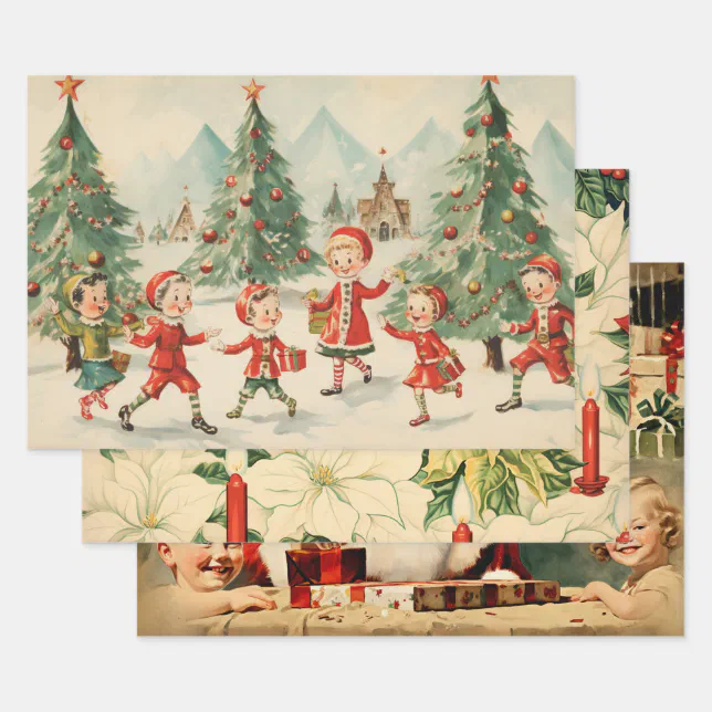 Retro Vintage Christmas Trio Style H Wrapping Paper Sheets | Zazzle