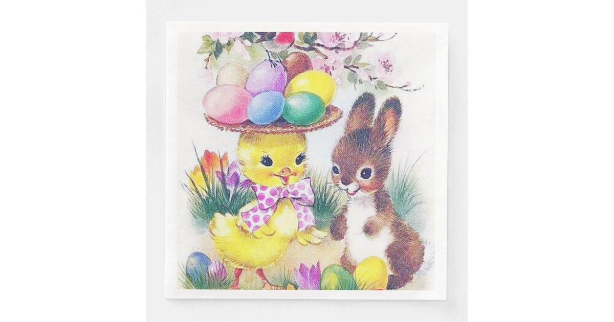 Retro vintage Easter bunny chick party paper napki Paper Dinner Napkins ...