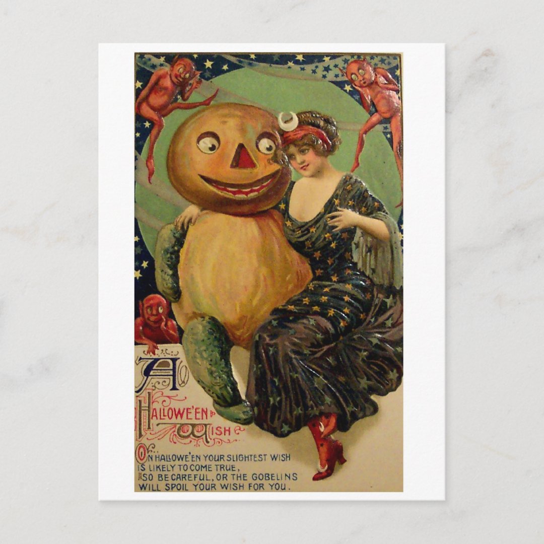 Retro Vintage Halloween Pumpkin Hug Postcard | Zazzle